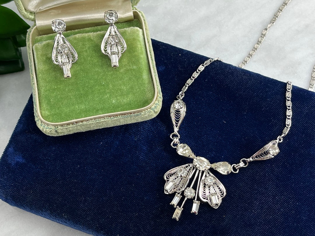 Vintage Sterling Silver Rhinestone Necklace and Earring Set by Leo ...