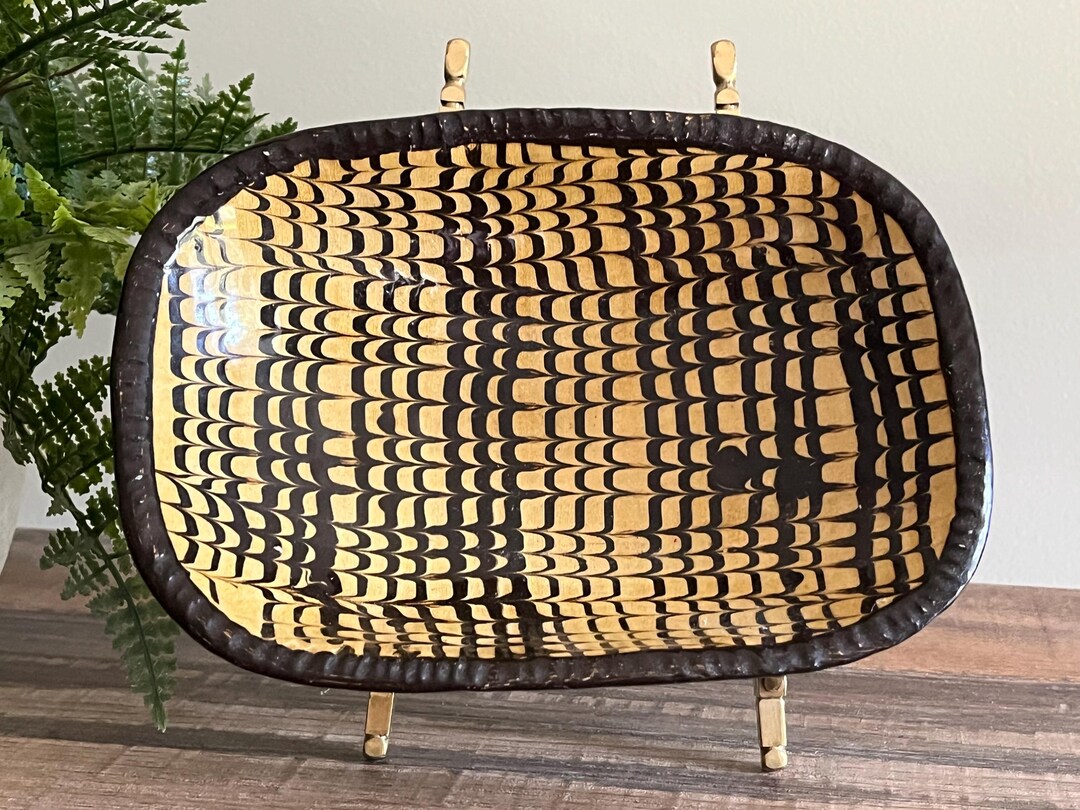 Vintage Redware Pottery Dish With Feathered Glaze - Colonial ...