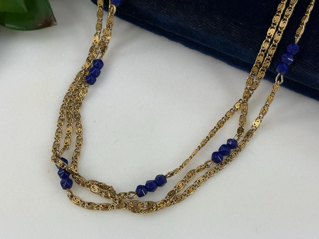 Vintage Long Gold Tone Figaro Scroll Chain Necklace With Cobalt Blue ...