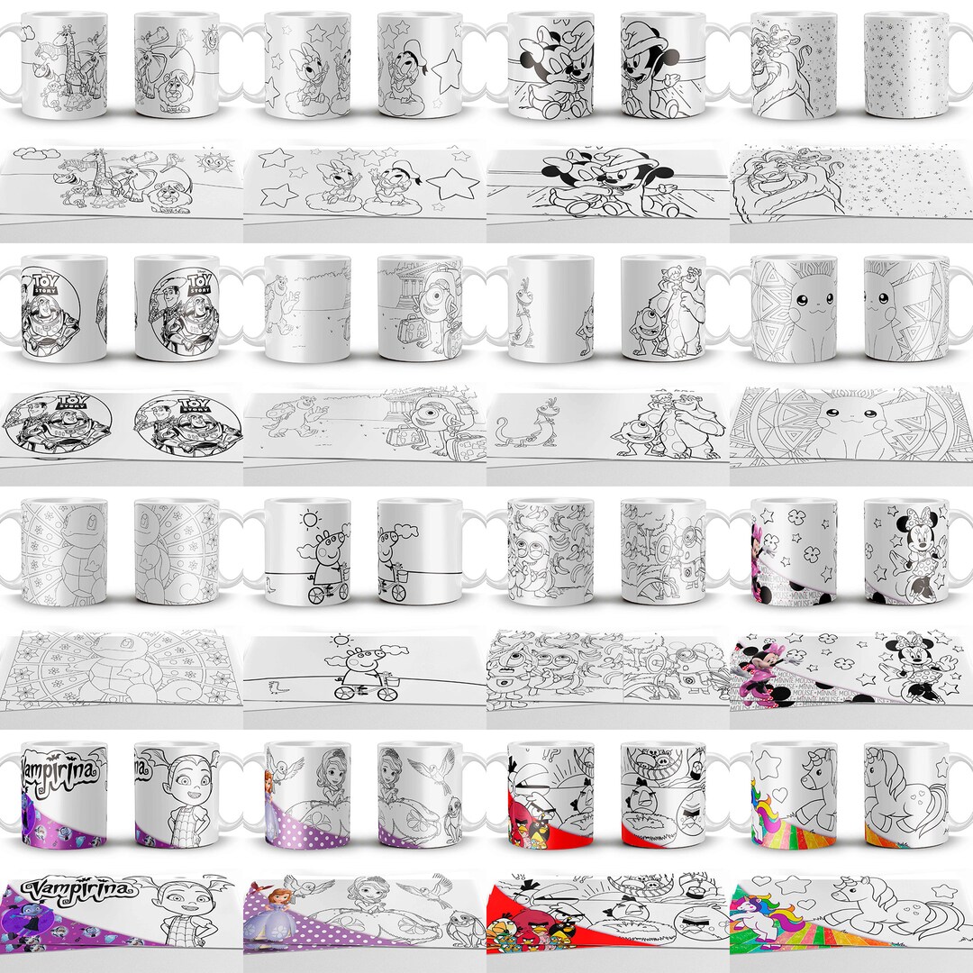 100 Designs to Color Mugs Labyrinths Caricatures, Sublimation Coloring ...