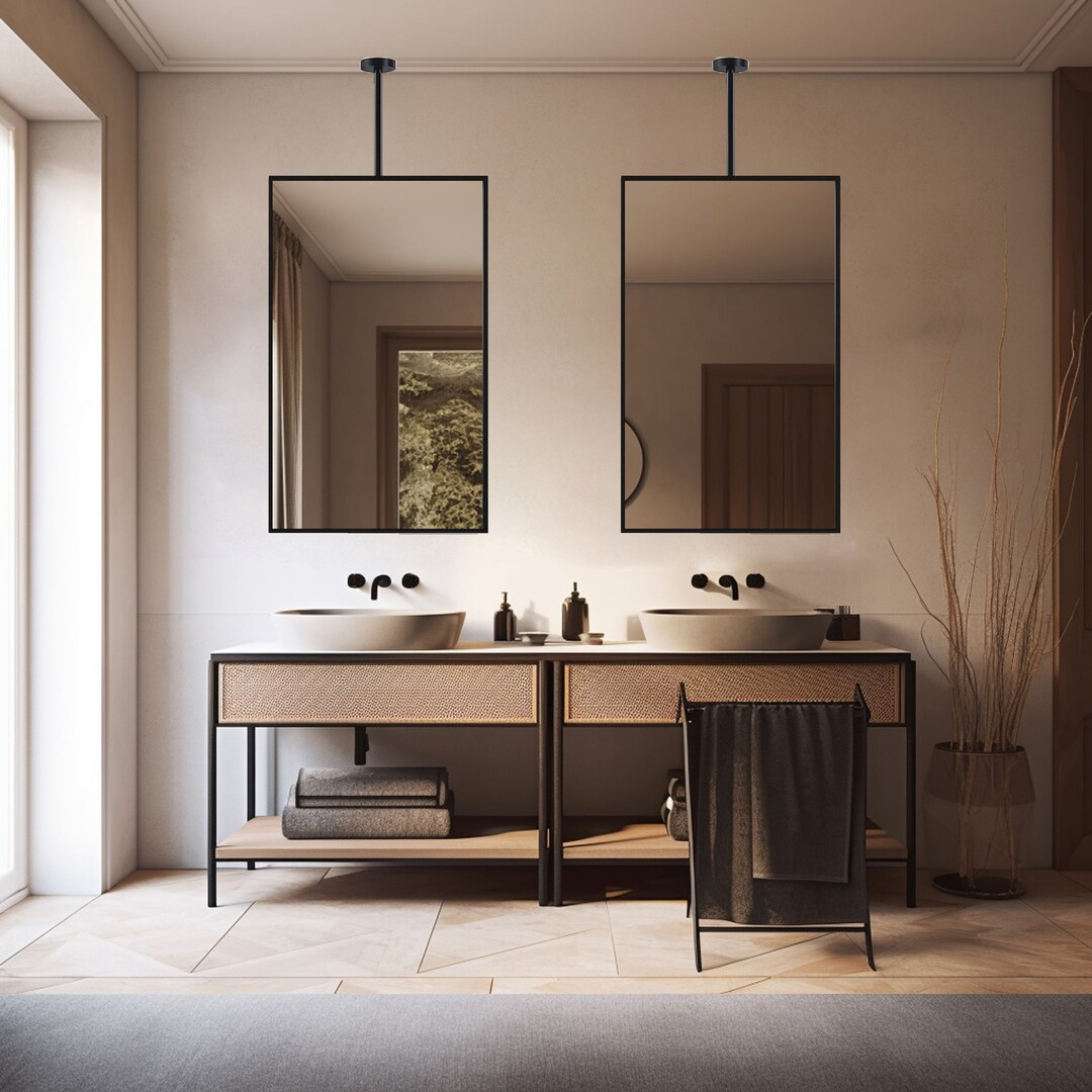 Ceiling Mounted Rectangular Bathroom Mirror, Suspended Mirror, Metal ...