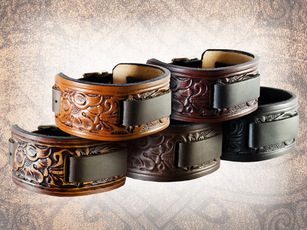 Handmade Leather Watch Cuff - Western Floral - Solid Full Grain Italian ...