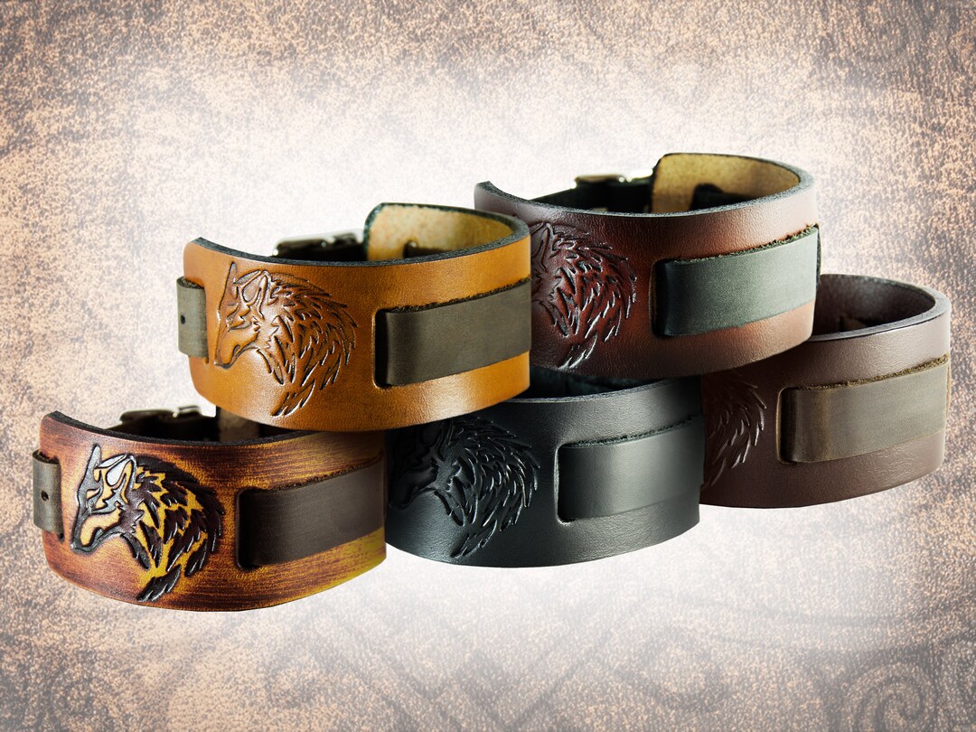 Handmade Leather Watch Cuff - Wolf Head - Solid Full Grain Italian ...