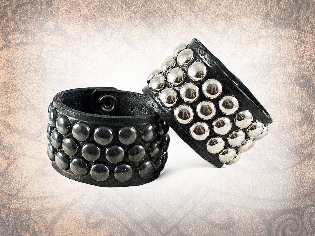 Dome Studded Leather Cuff - 3 Row - Handmade Steel Black Silver Solid ...