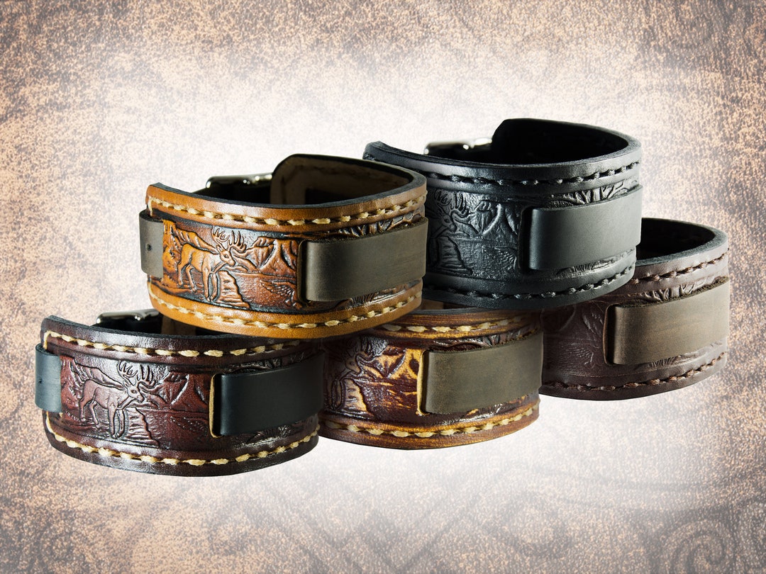 Handmade Leather Watch Cuff - Handstitched Woodland - Solid Full Grain ...