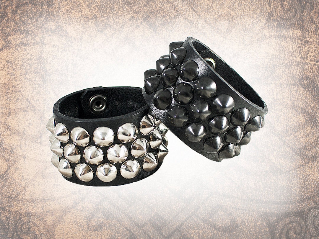 Conical Studded Leather Cuff - 3 Row - Handmade Steel Black Silver ...
