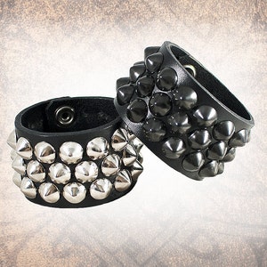 Conical Studded Leather Cuff - 3 Row - Handmade Steel Black Silver ...