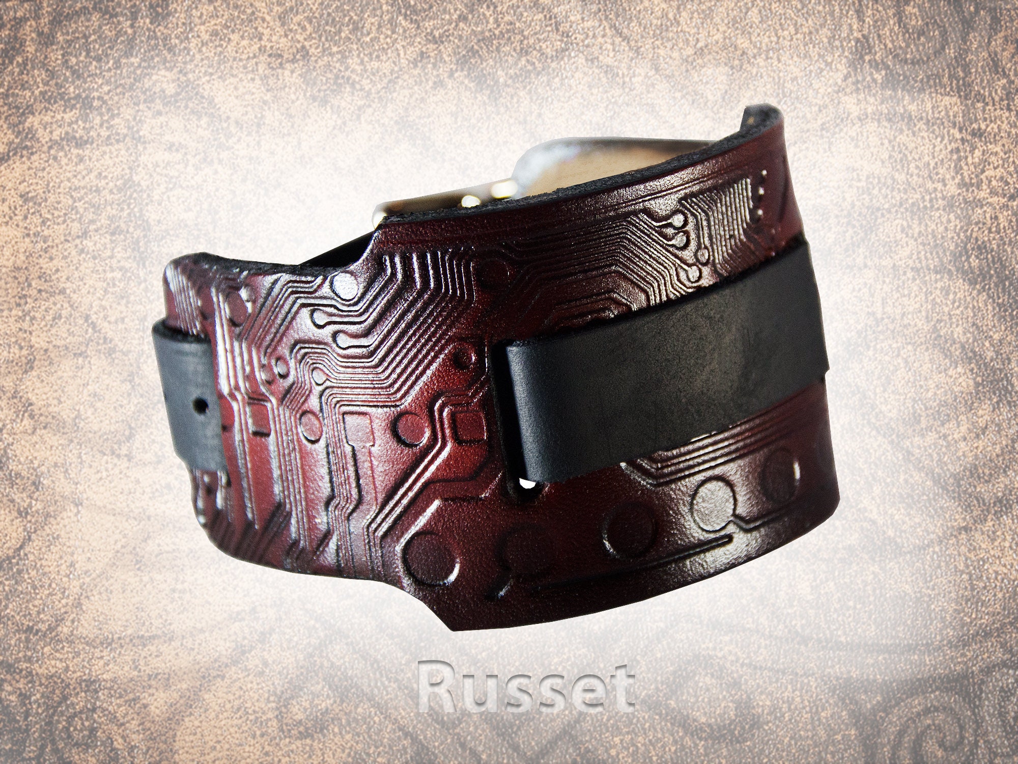 Handmade Leather Watch Cuff Wide Circuit Solid Full Grain | Etsy