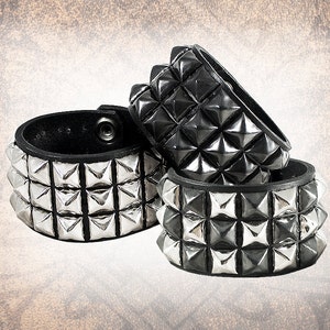 Pyramid Studded Leather Cuff - 3 Row - Handmade Steel Black Solid Full ...