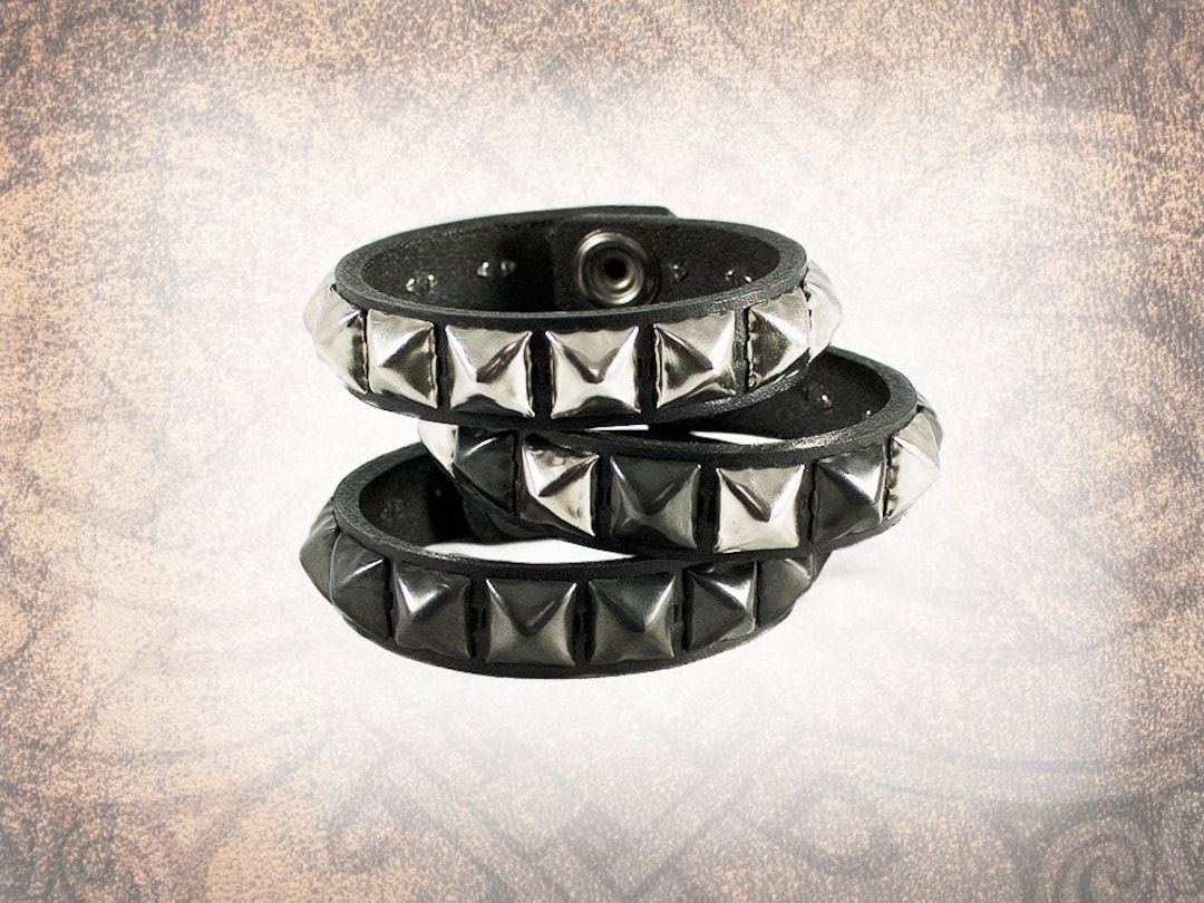 Pyramid Studded Leather Cuff - 1 Row - Steel Black Silver Handmade ...
