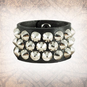 Conical Studded Leather Cuff - 3 Row - Handmade Steel Black Silver ...