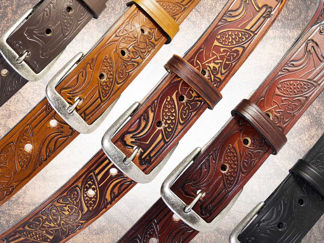 Handmade Celtic Leather Belt - Celtic Cranes (1.5") - Handcrafted Solid ...