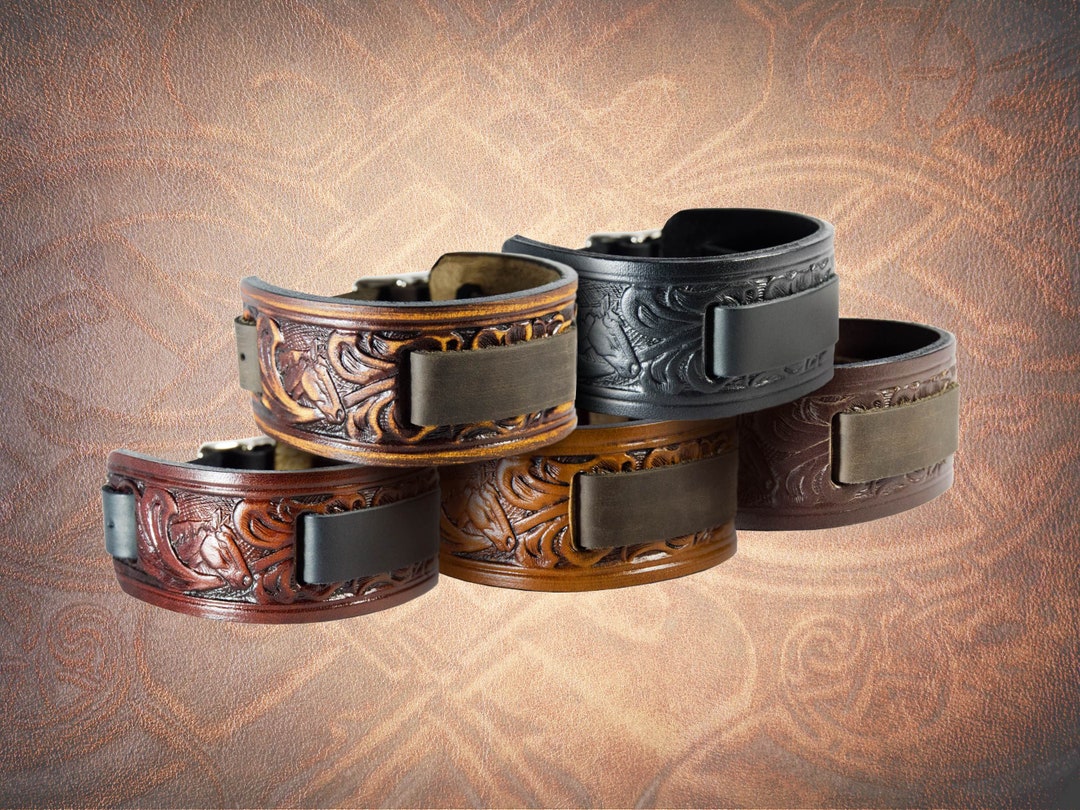 Handmade Leather Watch Cuff - Horse & Floral - Solid Full Grain Italian ...