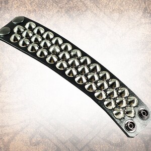 Conical Studded Leather Cuff - 3 Row - Handmade Steel Black Silver ...
