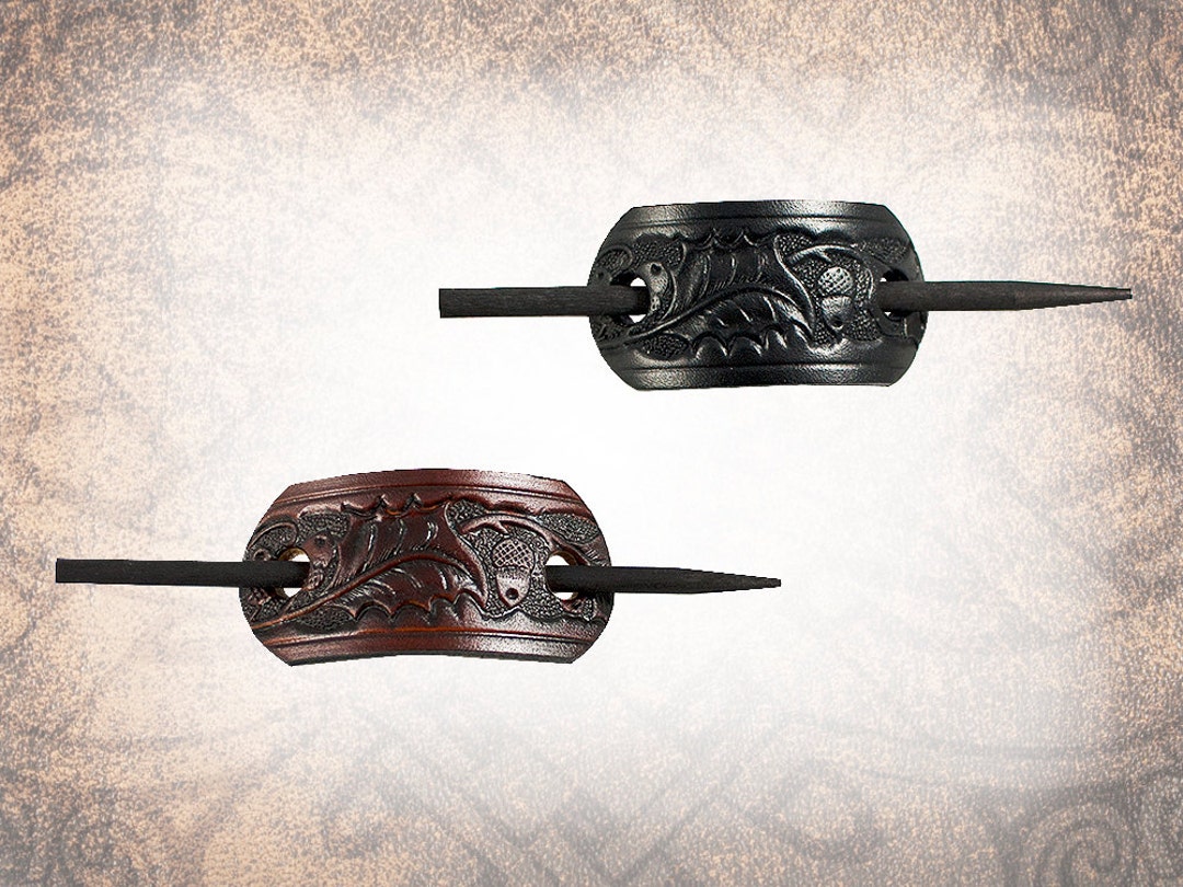Small Oak & Acorn Barrette - Leather Barrette, Brown Barrette, Small ...