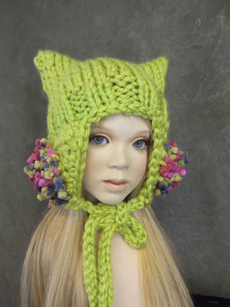 OOAK Knit Kitty Kat Hat: Lime Green Toddler Earflap Hat - Etsy
