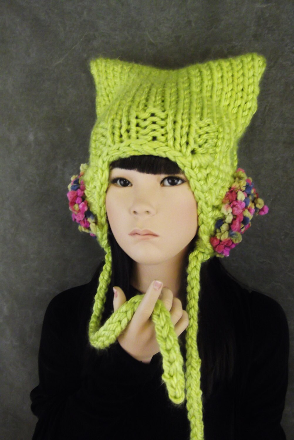 OOAK Knit Kitty Kat Hat: Lime Green Toddler Earflap Hat - Etsy
