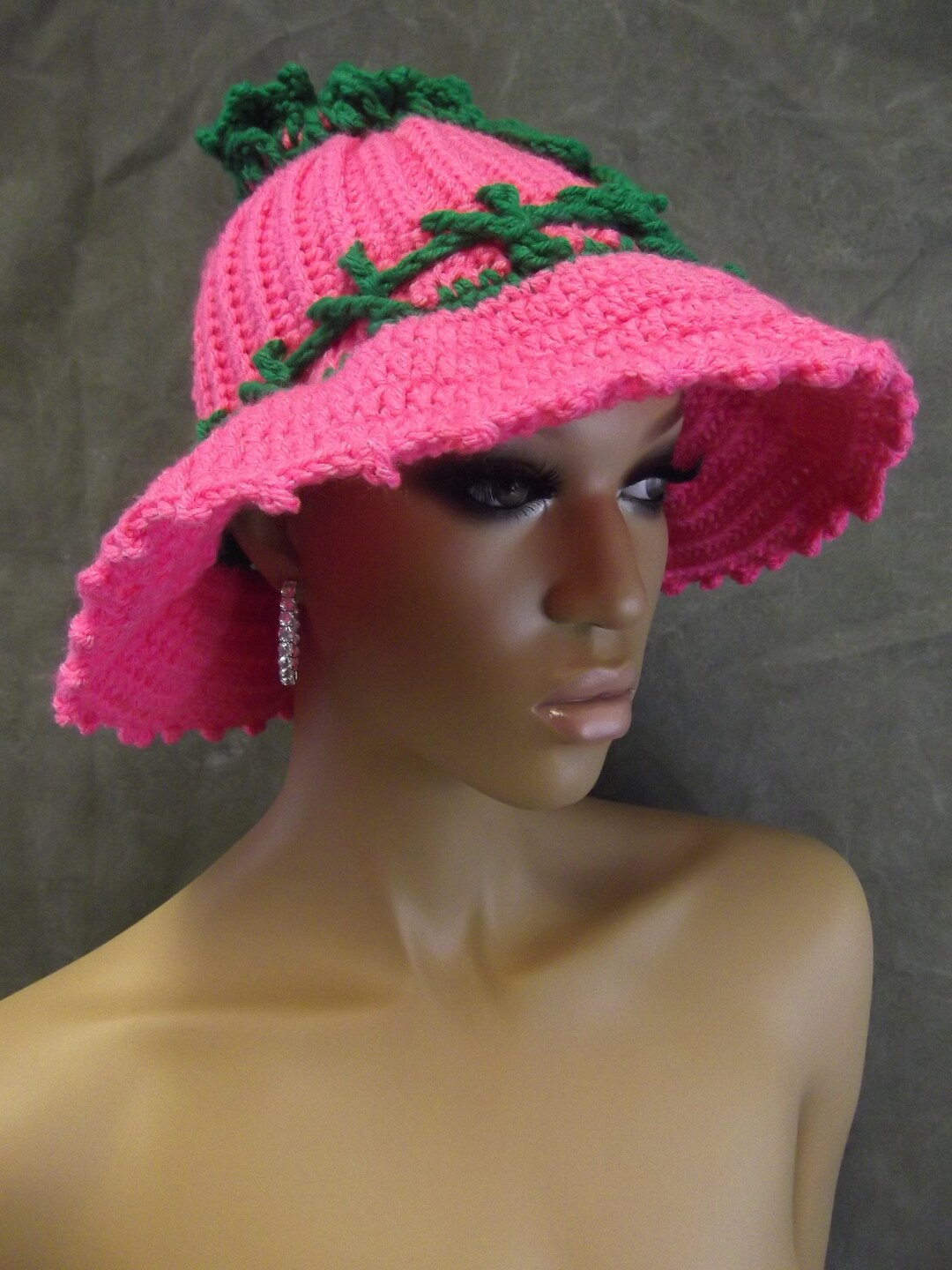 OOAK Crochet Hat: Pink & Green Boho Headband, Collar - Etsy