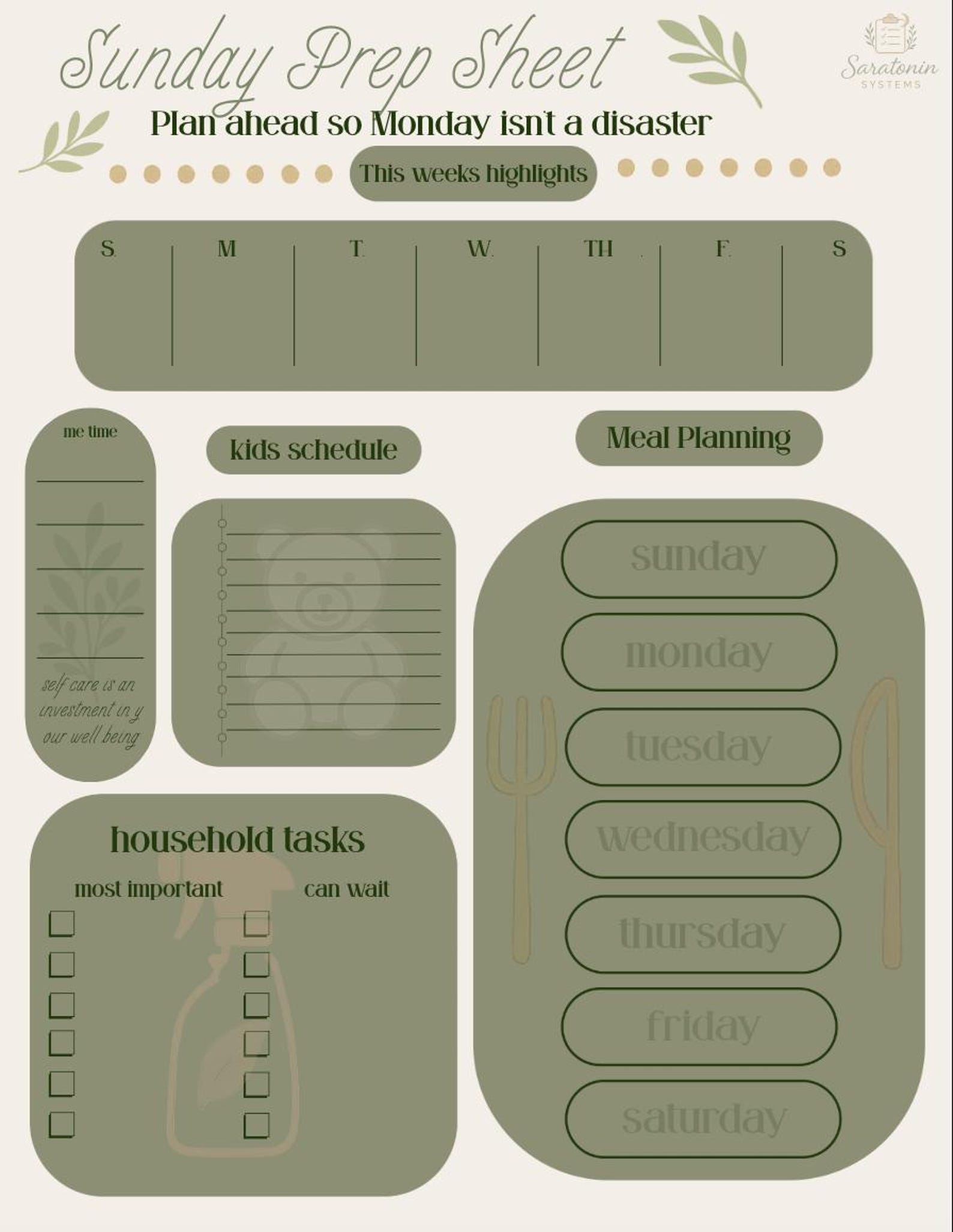 Sunday Prep Sheet | Weekly Planner for Moms | Meal Planning + Kids ...
