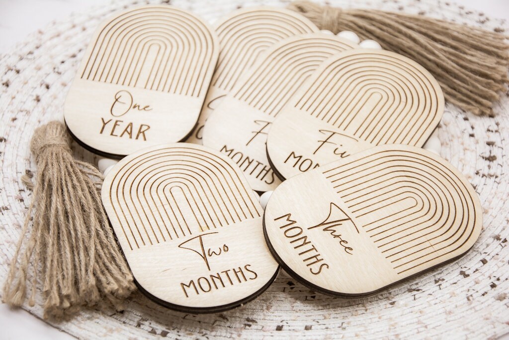 Boho Wooden Milestone Markers, Set of 12 Laser Engraved Monthly ...