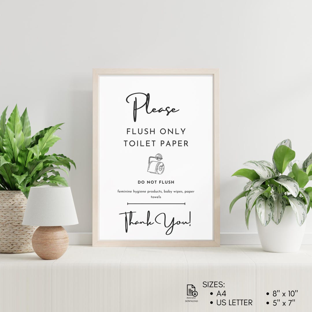 Flush Toilet Paper Only Sign: Airbnb Bathroom Printable (digital ...