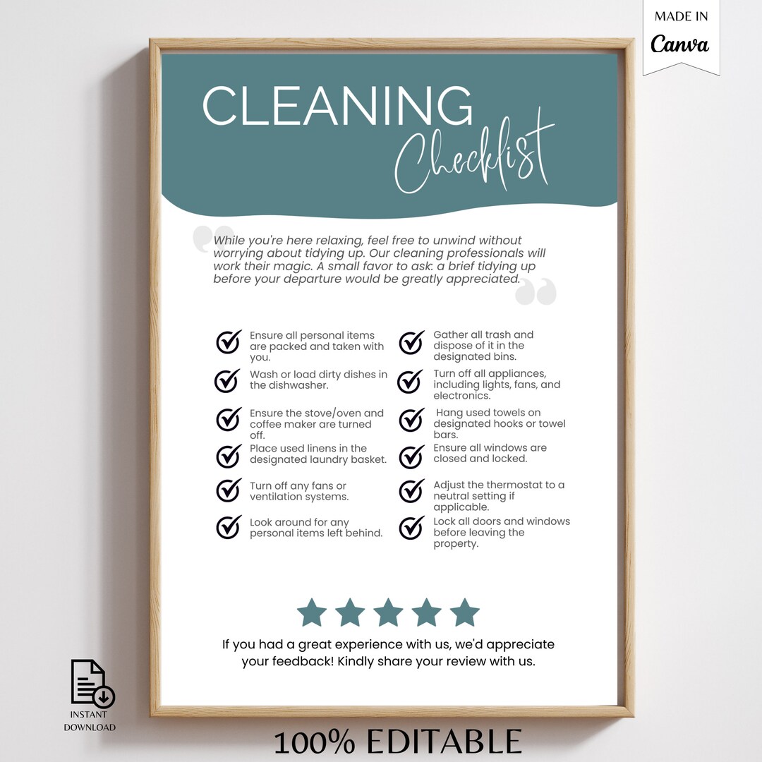 Airbnb Cleaning Checklist, Editable Airbnb Canva Template, Cleaning ...