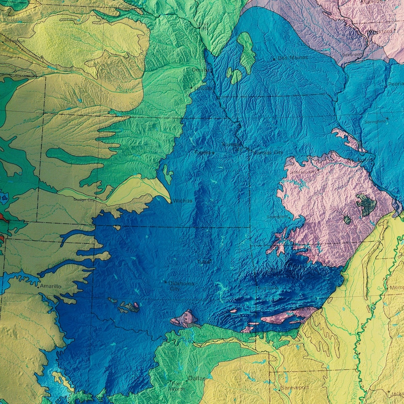 1970 USA Geologic Map - 2D Shaded Relief - Etsy