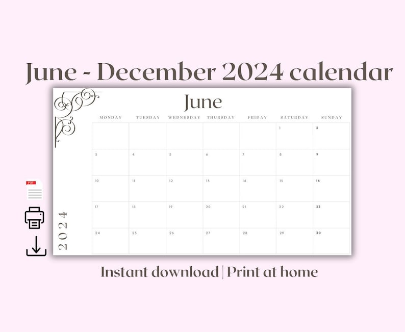 2024 June-december Calendar | Printable PDF Monthly Calendar - Etsy
