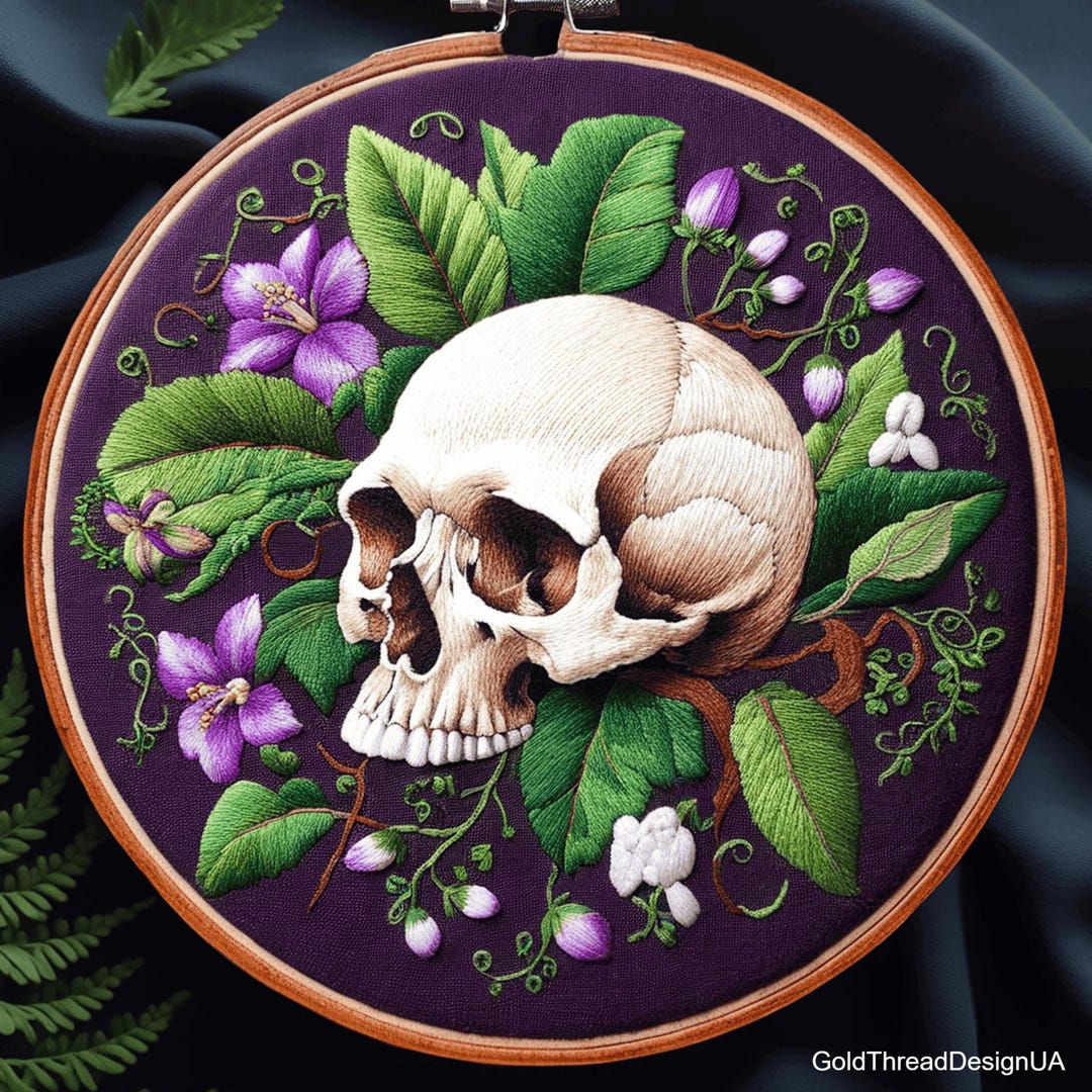 Skull and Nightshade Embroidery Digital Pattern, Beginner Embroidery ...