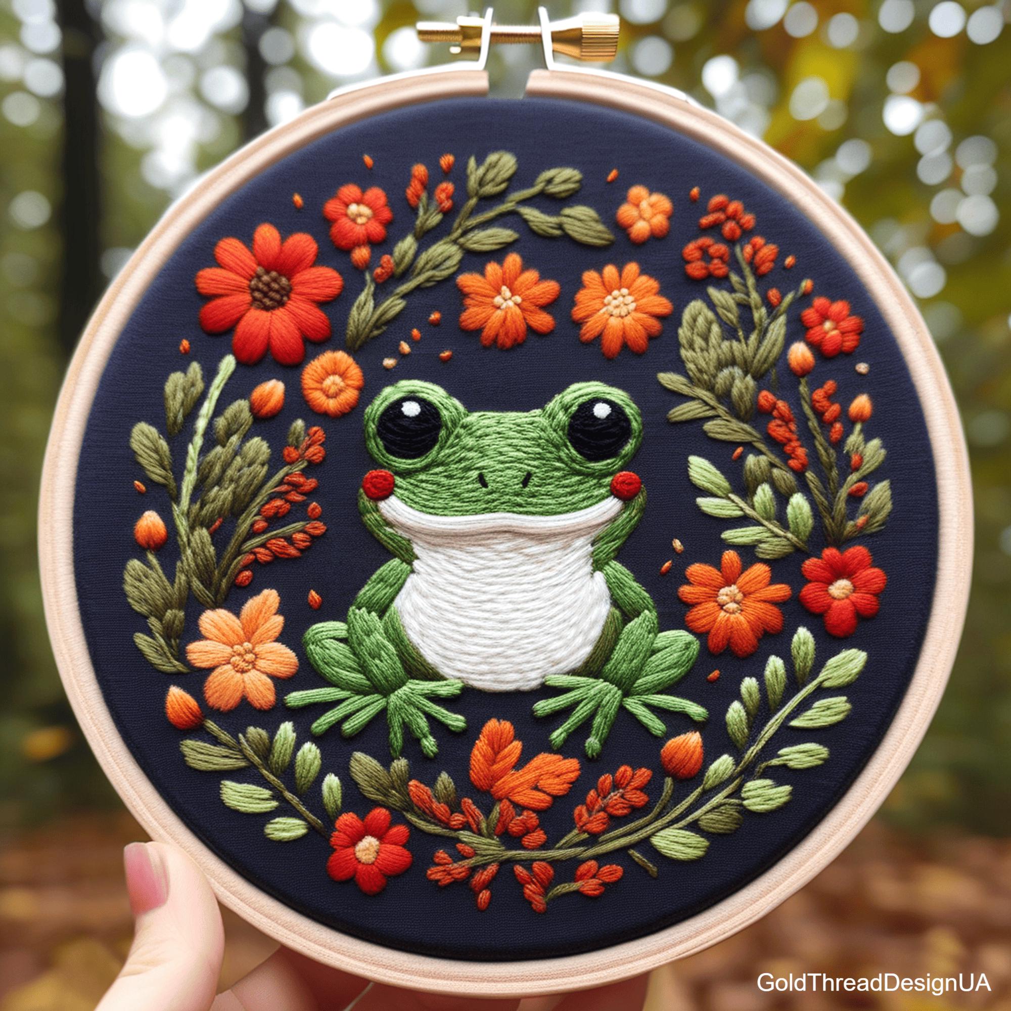 Forest Autumn Cute Frog Embroidery Digital Pattern, Beginner Embroidery ...