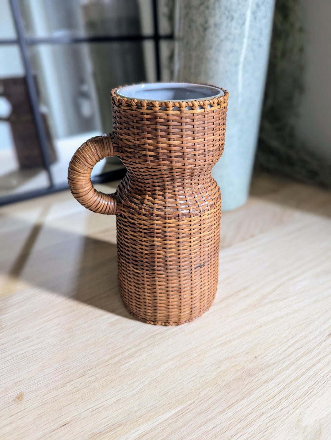 Vintage Woven Rattan Vase With Handle Bohemian Decor Piece - Etsy