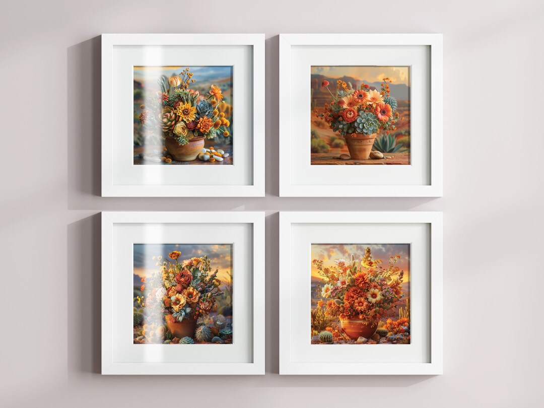 Desert Floral Print Set of 4 - Warm Colors in Terracotta Pot, Sunlit ...