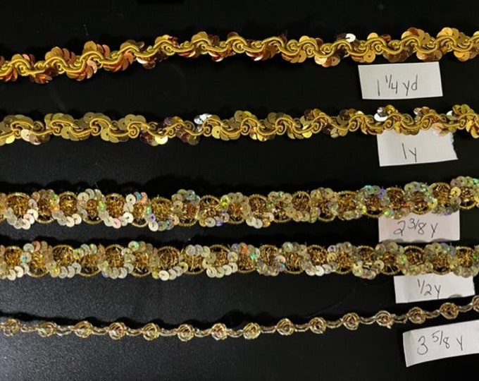 BULK Remnant 9 + Yds Total 5 Pieces Metallic Gold Sequin Braided Trim ...