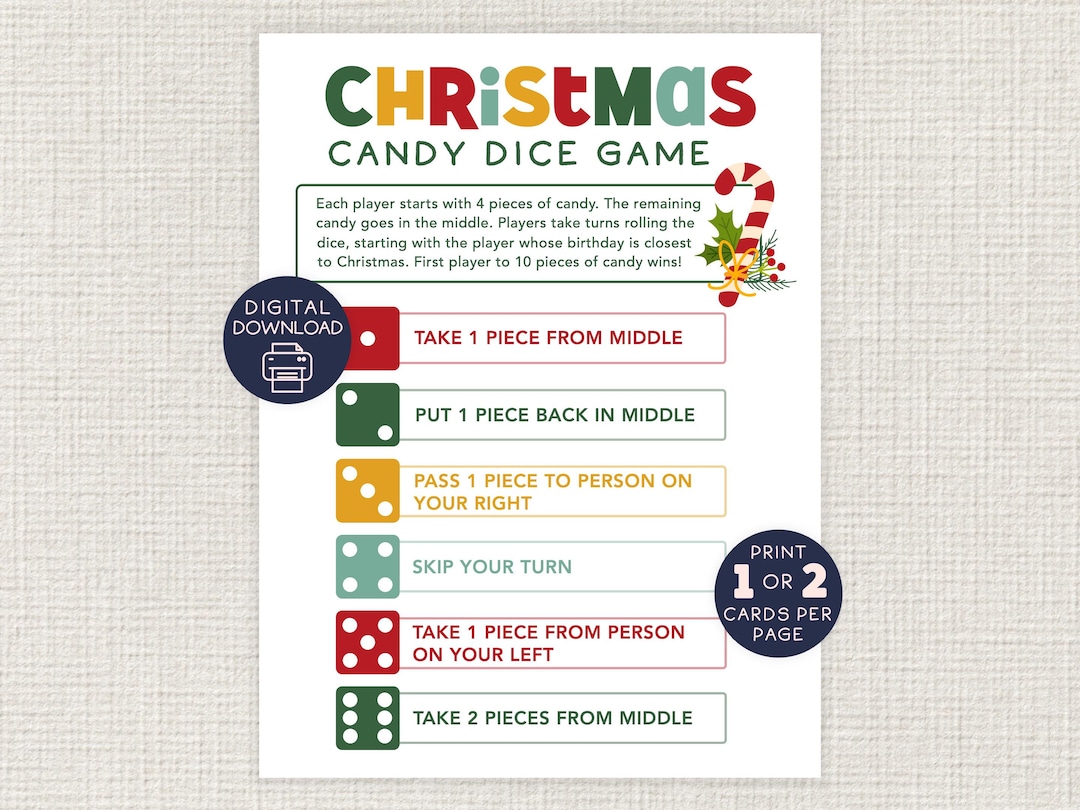 Christmas Candy Dice Game, Printable Classroom Party Game, Kids ...