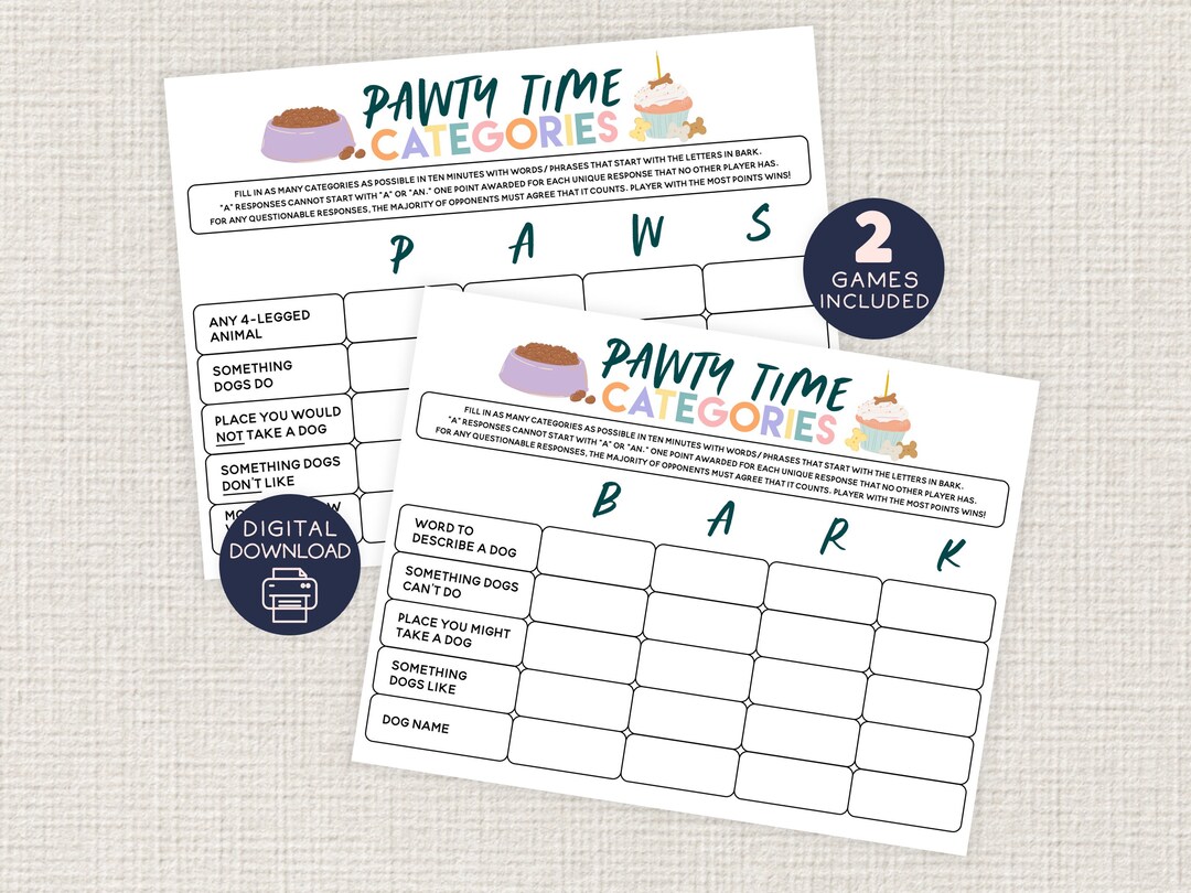 Pawty Time Categories Game, Dog Birthday Party Games, Doggy Celebration ...