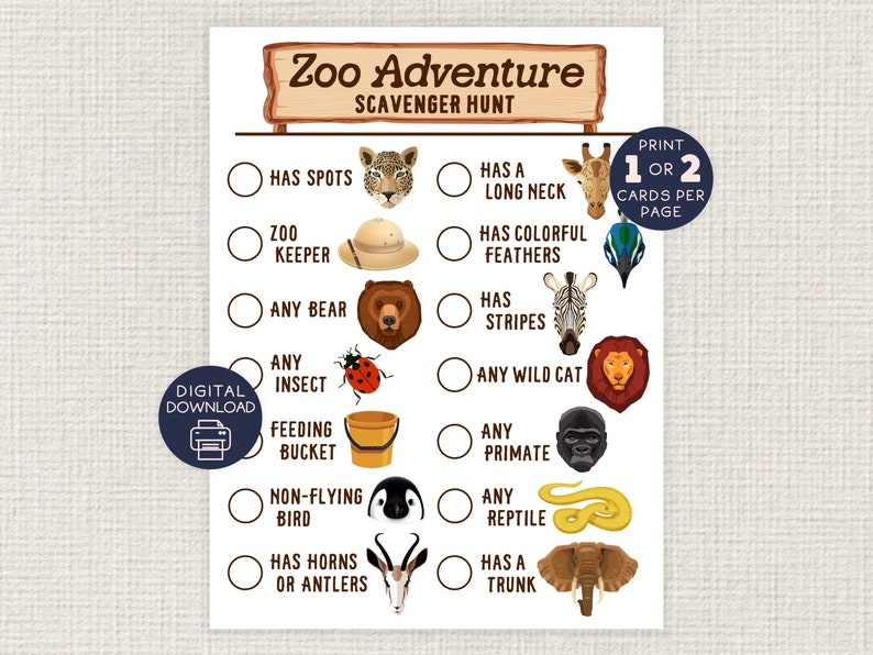 Zoo Adventure Scavenger Hunt, Fun Printable Game, Kids Day Camp ...