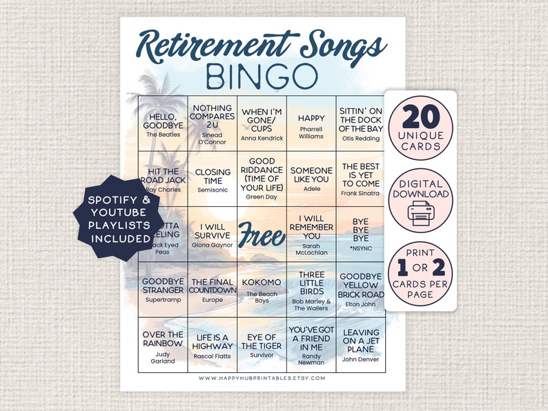 Retirement Songs BINGO, Printable Party Game, Retiree, Family and ...