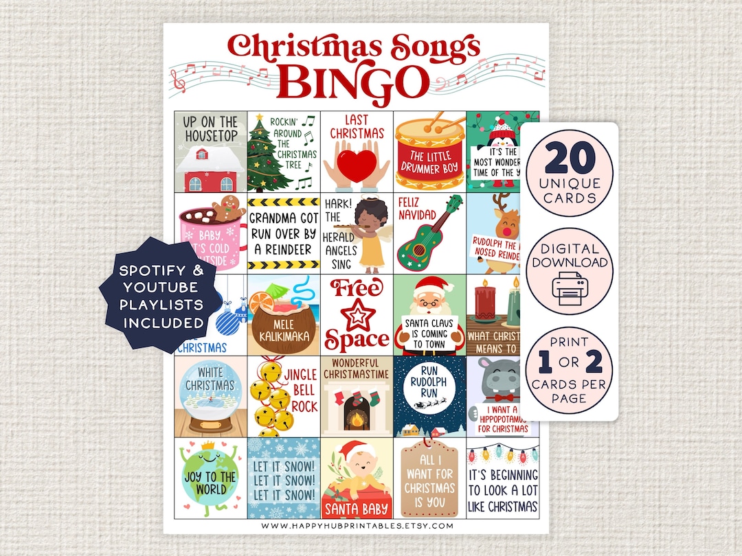 Christmas Songs BINGO and Playlist, Printable Party Game, Senior Center ...