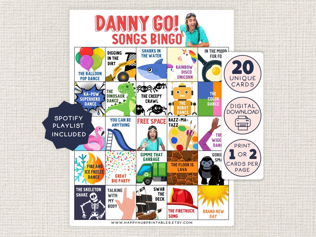 Danny Go Songs BINGO, Printable Birthday Party Game, Preschool Activity ...
