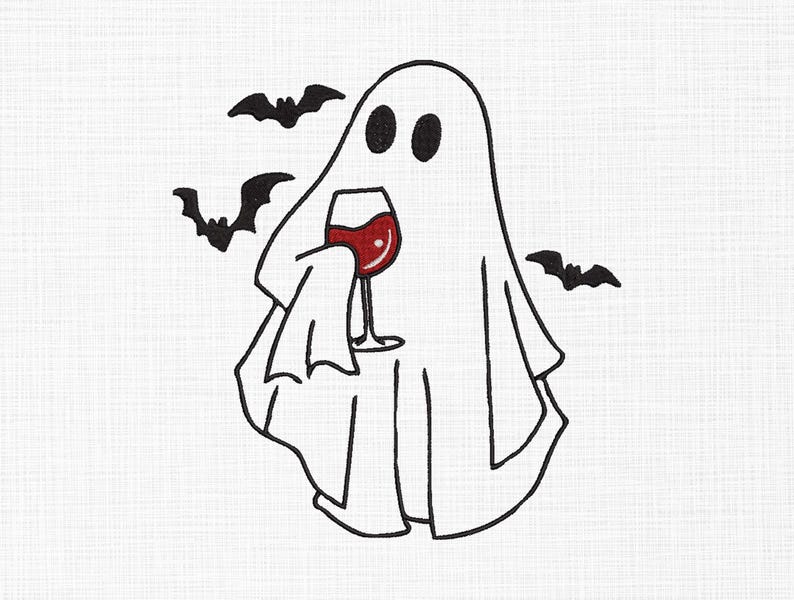 Ghost With Wine Embroidery Design Boo Line Art Embroidery Halloween Boo ...