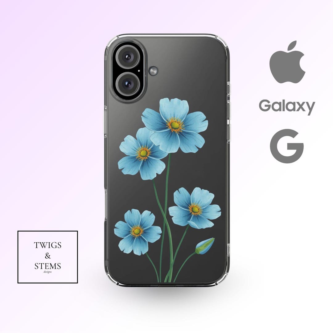 Clear Blue Poppy Flowers Phone Case, iPhone or Samsung Galaxy, Elegant ...