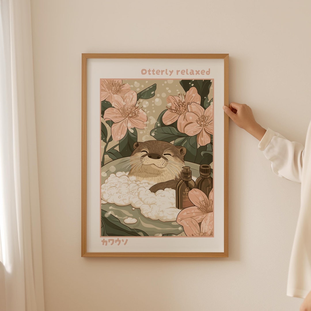Relaxed Otter Bathroom Poster– Wabi Sabi Cherry Blossom Print, Japanese ...