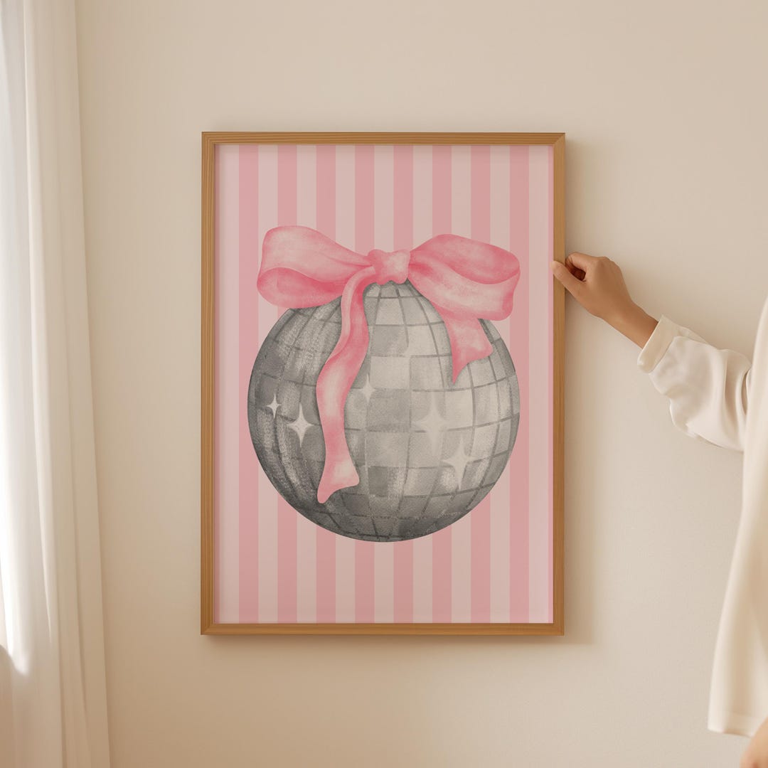Discoball Bow Poster for Aesthetic Wall Art- Pink Coquette Room Decor ...