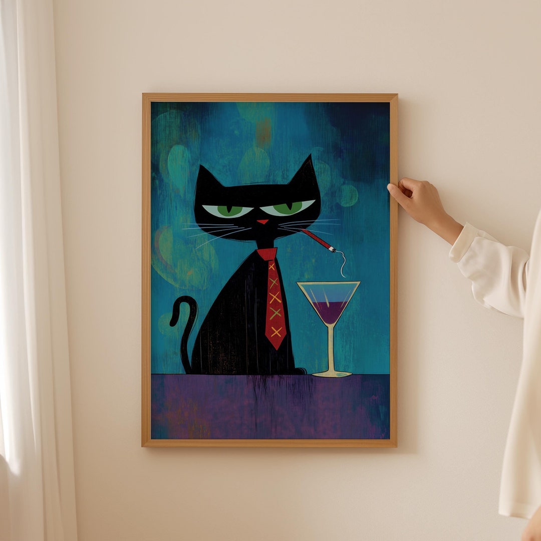Atomic Cat Print– Trendy Martini Cat Wall Art for Funny Decor ...
