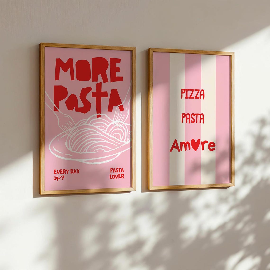 Light Pink Italian Amore Poster Set- 2 Set of Trendy Pasta Print, Girly ...