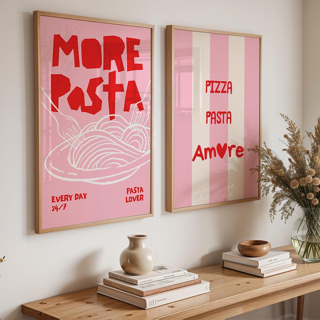 Light Pink Italian Amore Poster Set- 2 Set of Trendy Pasta Print, Girly ...
