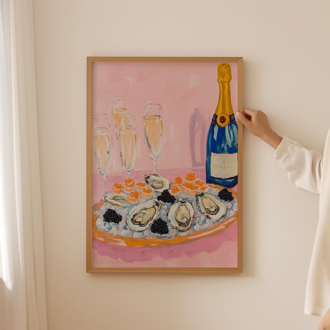 Champagne Glasses & Caviar Poster– Aesthetic Oyster Room Decor, Vintage ...