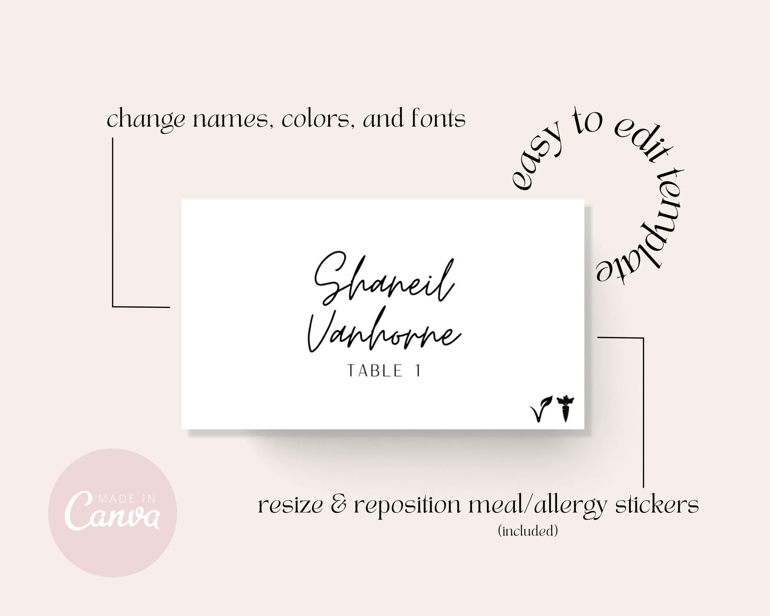 Minimal Wedding Place Card Template, Printable Place Card With Meal Choice, Reception Dinner ...