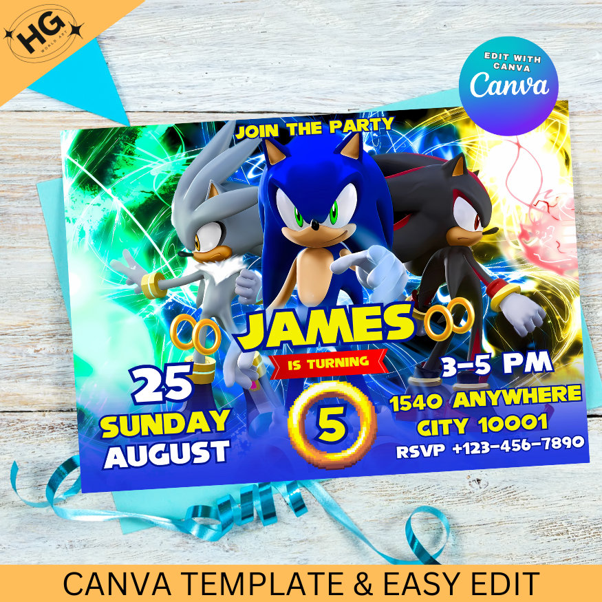 Sonic Birthday Invitation, Super Hedgehog Boys Party Invite, Super ...