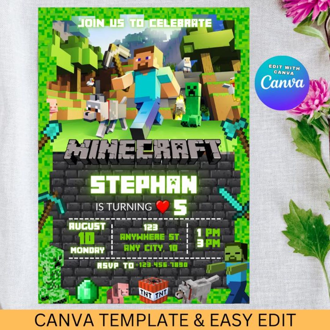 Editable Minecraft Birthday Invitation, Minecrafter Birthday ...